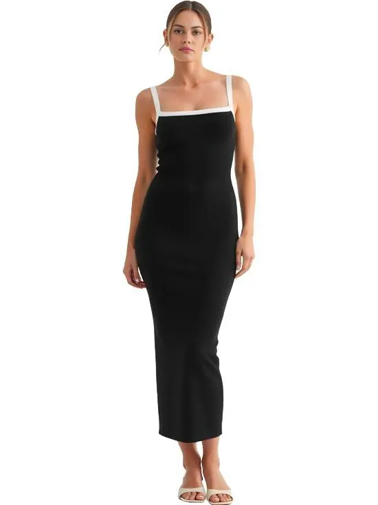 MODENAIRE Square Neck Fitted Midi Dress - Black /white