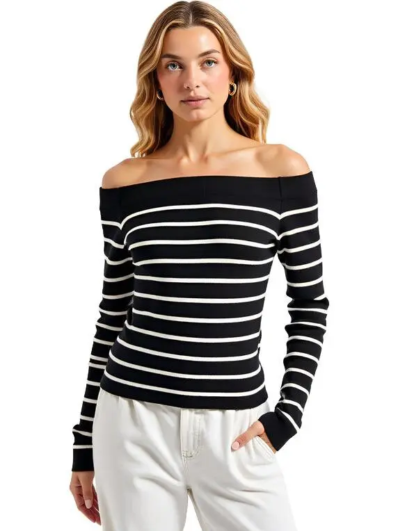 MODENAIRE Striped Off-the-shoulder Fitted Top - Black /white Stripes