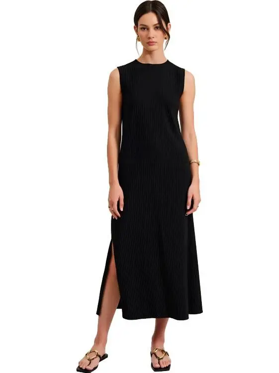 MODENAIRE Sleeveless Ribbed Knit Midi Dress With Slit - Black