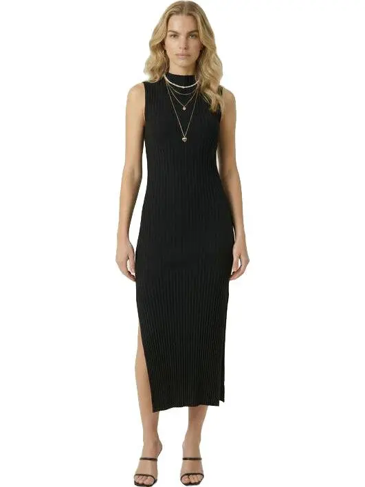 MODENAIRE Sleeveless Ribbed Knit Midi Dress With Slit - Black