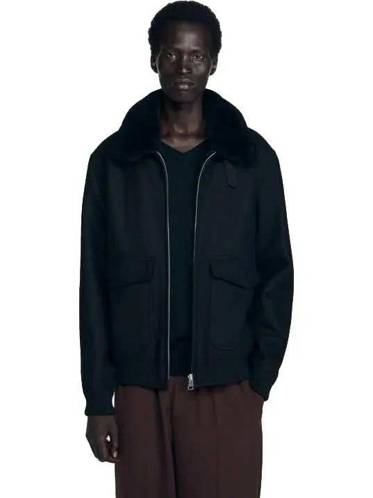 Sandro Wool Aviator Jacket With Shearling Collar - Black