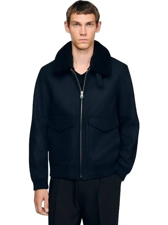 Sandro Wool Aviator Jacket With Shearling Collar - Navy Blue
