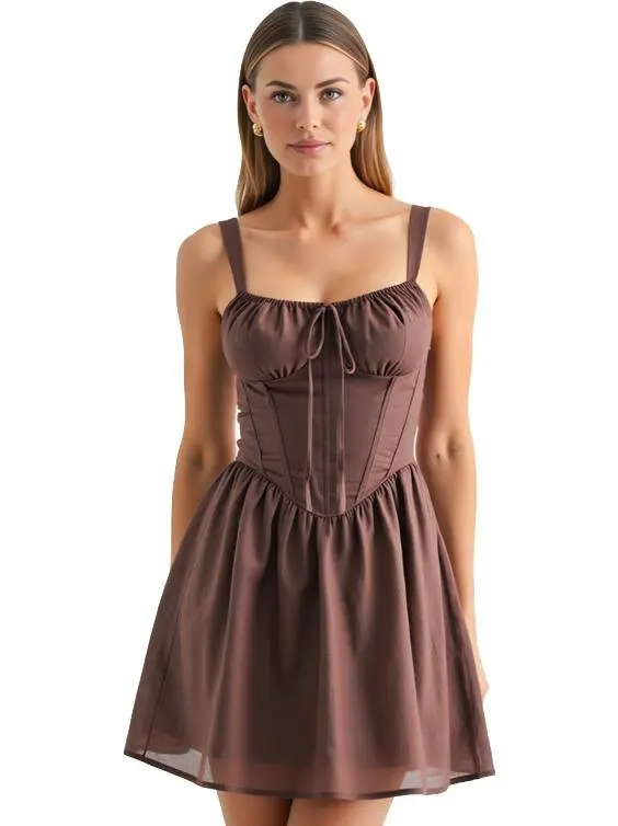 MODENAIRE Sweetheart Corset Bodice Flared Mini Dress - Brown