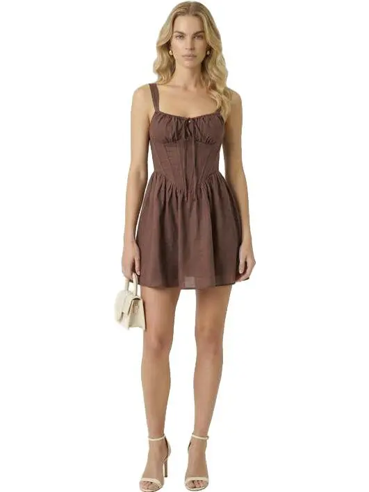 MODENAIRE Sweetheart Corset Bodice Flared Mini Dress - Brown