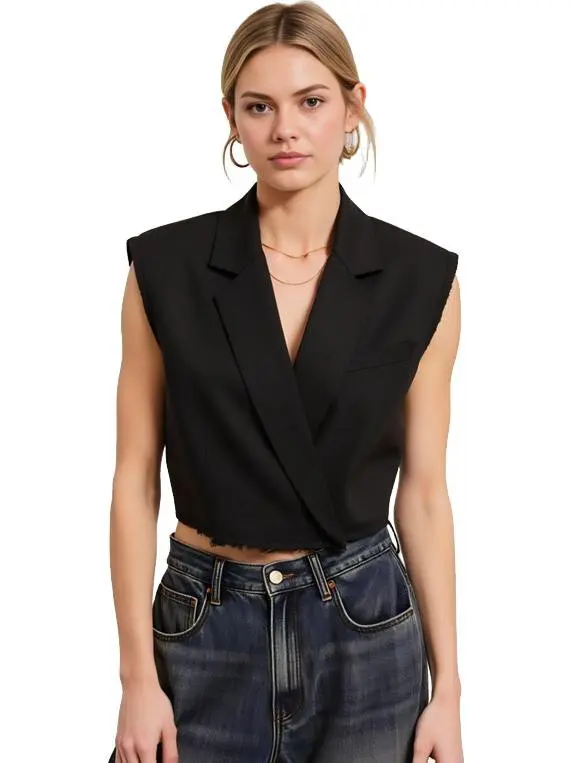 MODENAIRE Sleeveless Cropped Blazer Vest - Black