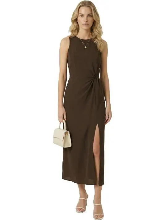 MODENAIRE Sleeveless Twist Front Slit Midi Dress - Brown