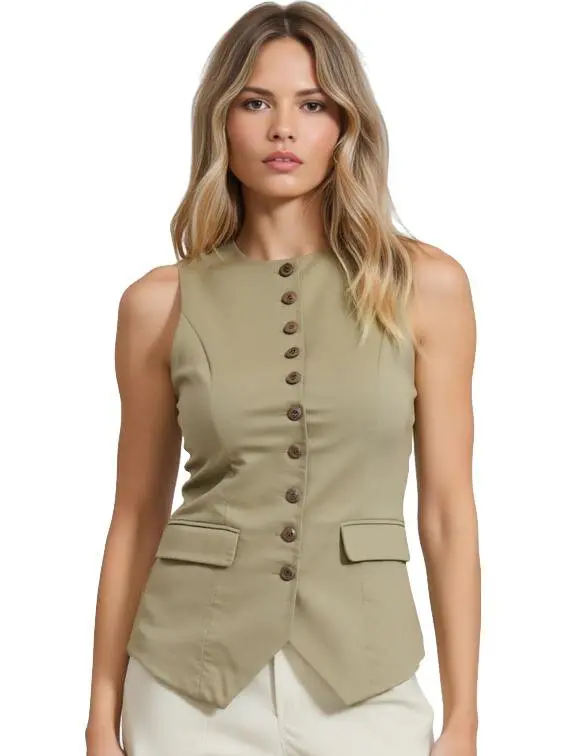 MODENAIRE Tailored Button-front Vest - Olive Green