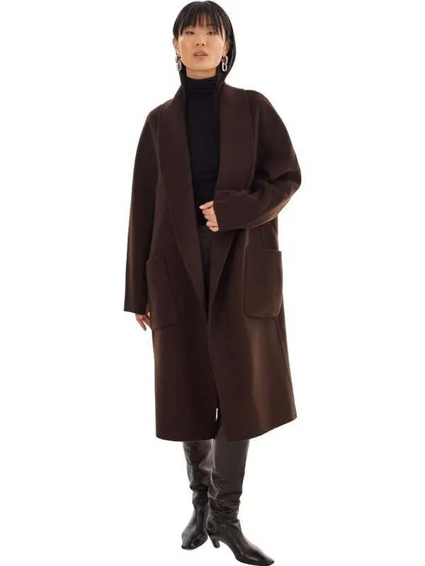 LAMARQUE Thara Shawl Collar Wool Coat - Dark Brown