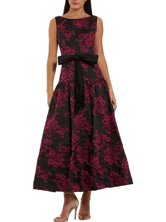 Mac Duggal Brocade Midi Dress With Bow - Magenta Multi