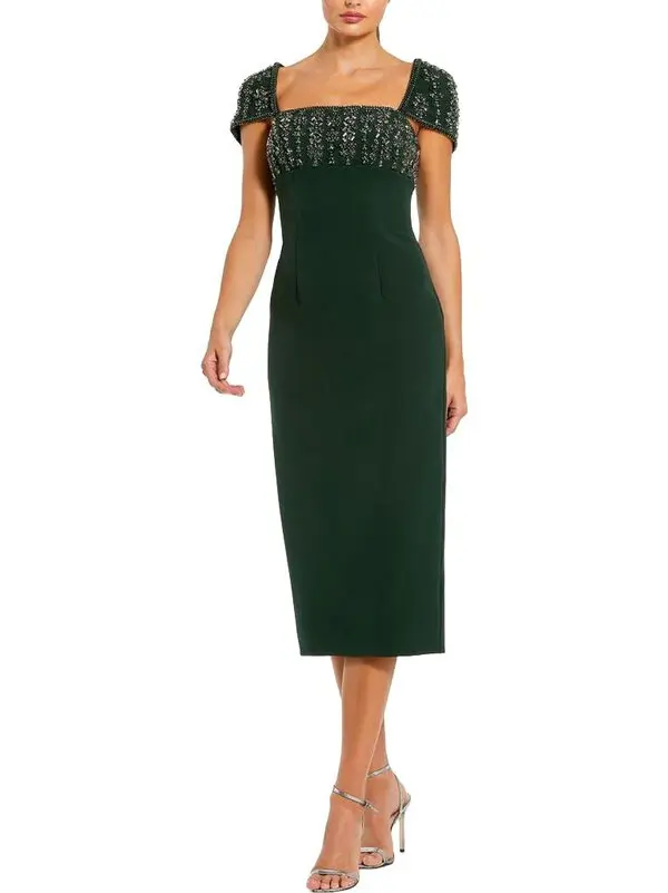 Mac Duggal Fitted Midi Dress With Embellished Cap Sleeves - Dark Emerald