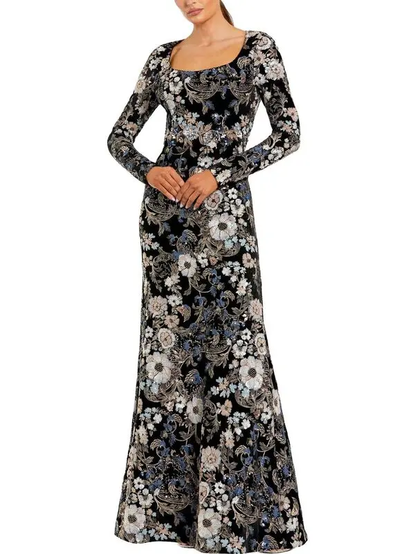 Mac Duggal Embroidered Velvet Long Sleeve Gown - Black Multi