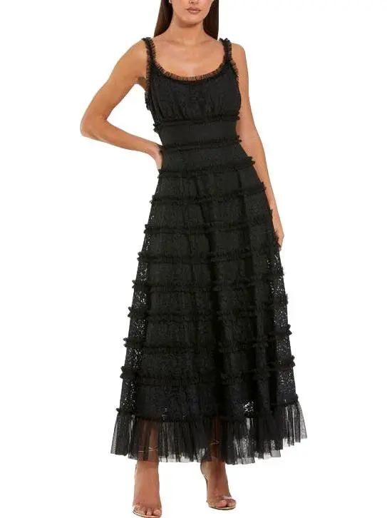 Mac Duggal Sleeveless Lace A-line Midi Dress With Ruffles - Black