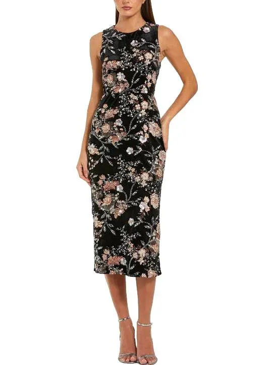 Mac Duggal Embroidered Velvet Midi Dress - Black Multi