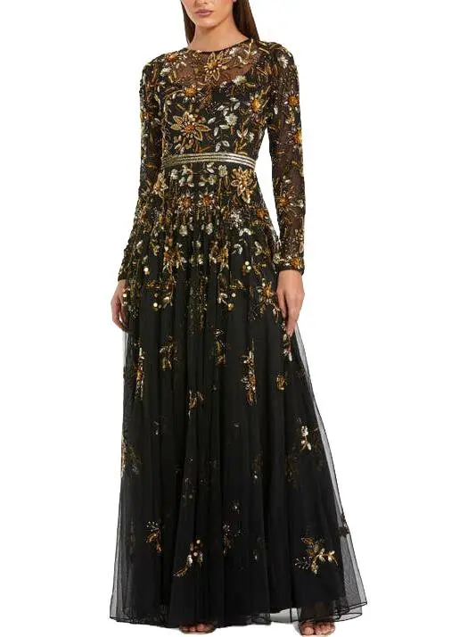 Mac Duggal Hand-beaded Mesh A-line Gown - Black Gold