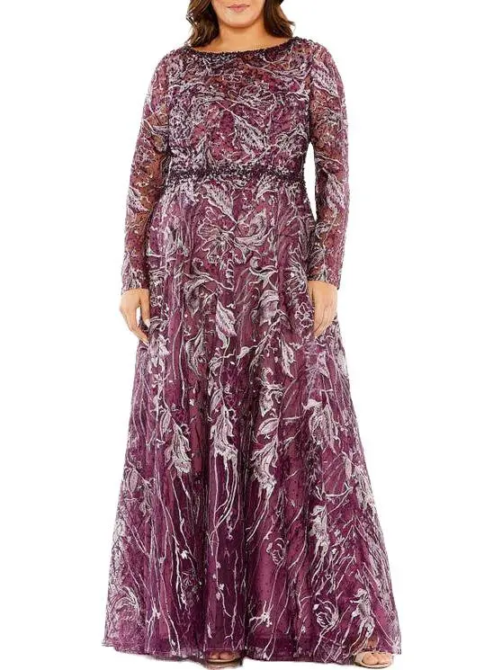 Mac Duggal Long Sleeve Embroidered Gown - Plum