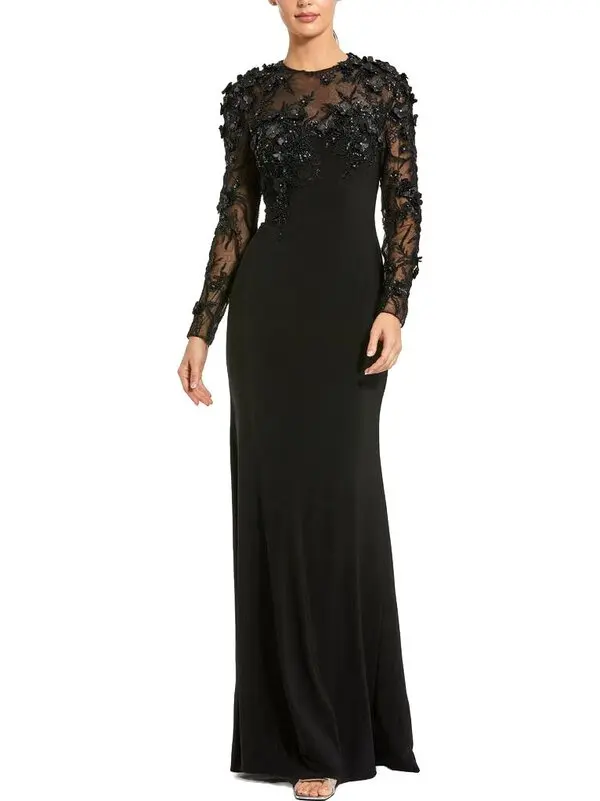 Mac Duggal Jersey Long Sleeve Gown With Floral Beading - Black