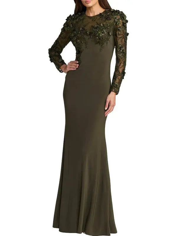 Mac Duggal Jersey Long Sleeve Gown With Floral Beading - Olive