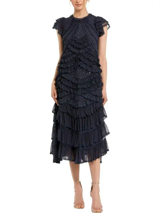 Mac Duggal High Neck Ruffle Mesh Midi Dress - Navy