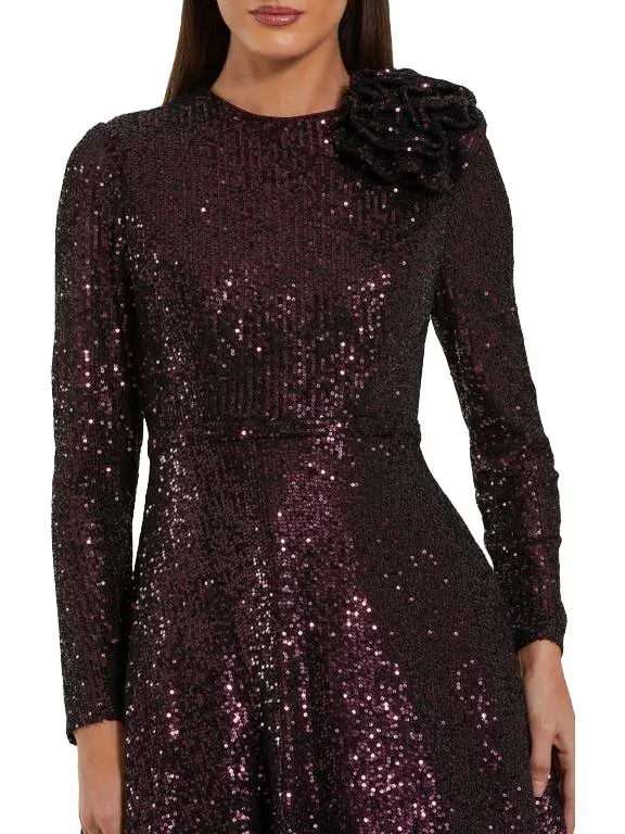 Mac Duggal Sequin Ballgown With 3d Floral Applique And Long Sleeves - Amethyst