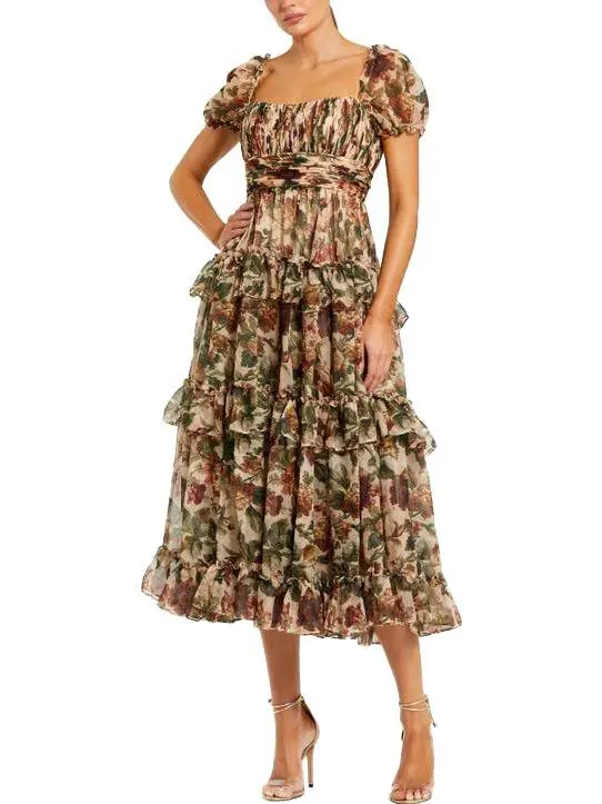 Mac Duggal Chiffon Floral-print Midi Dress - Cream Multi
