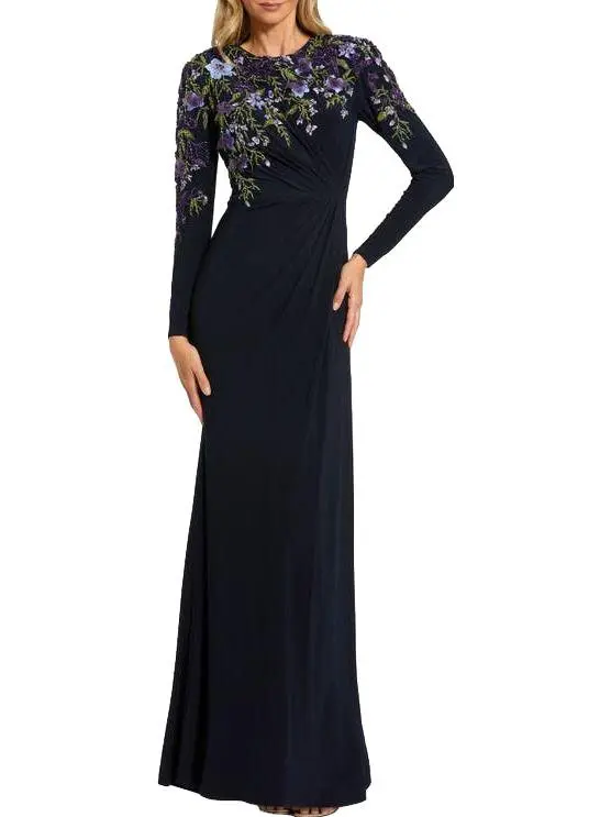 Mac Duggal Embellished Long Sleeve Fitted Jersey Gown - Midnight