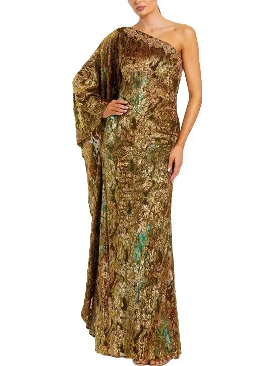 Mac Duggal Metallic Burnout Velvet One-shoulder Evening Gown - Gold Multi