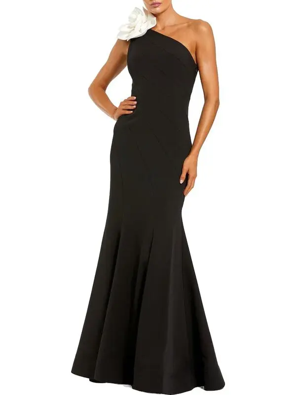 Mac Duggal Crepe One Shoulder Mermaid Gown With 3d Flower - Black Ivory