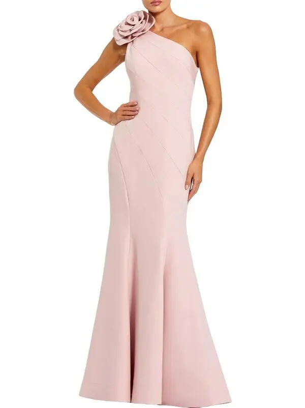 Mac Duggal Crepe One Shoulder Mermaid Gown With 3d Flower - Blush