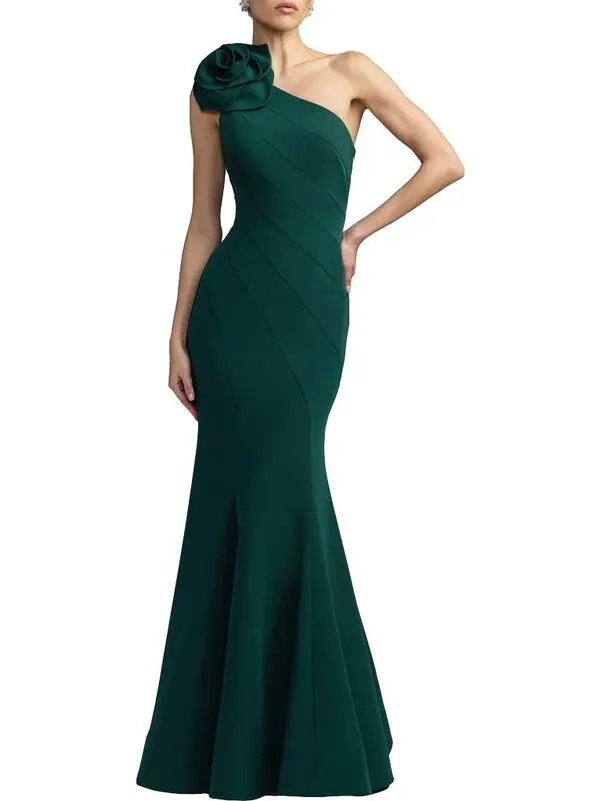 Mac Duggal Crepe One-shoulder Mermaid Gown With 3d Floral Appliqu - Emerald