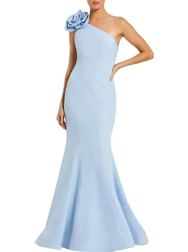 Mac Duggal Crepe One Shoulder Mermaid Gown With 3d Flower - Powder Blue
