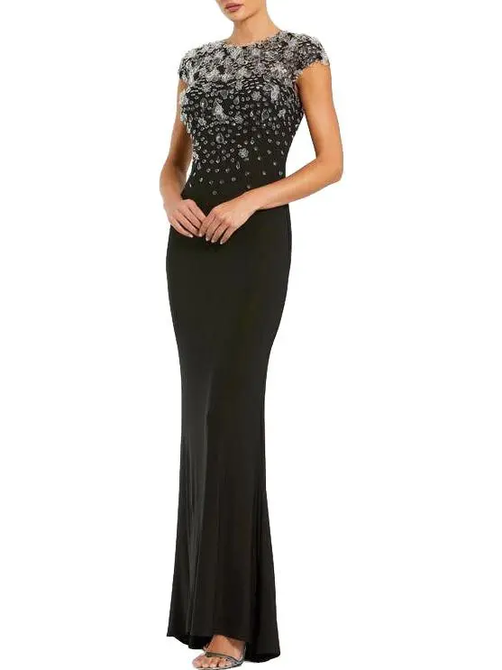 Mac Duggal Crystal Embellished Fitted Cap Sleeve Gown - Black