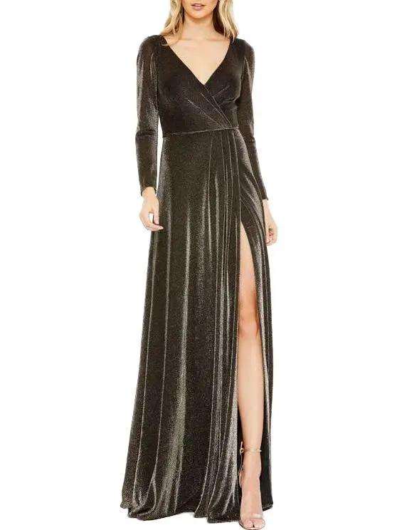 Mac Duggal Long Sleeve Faux Wrap A-line Gown - Black Gold
