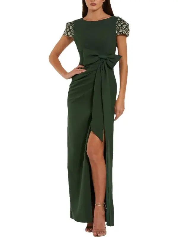 Mac Duggal Beaded Cap Sleeve Crepe Gown With Bow And Slit - Forest Green