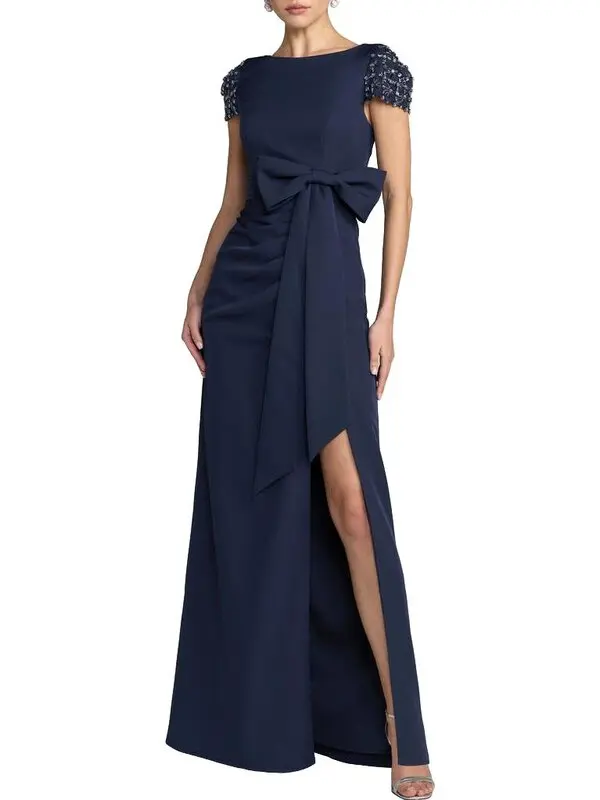 Mac Duggal Beaded Cap Sleeve Crepe Gown With Bow And Slit - Midnight