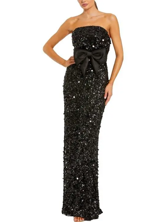 Mac Duggal Strapless Sequin Column Gown With Bow - Black