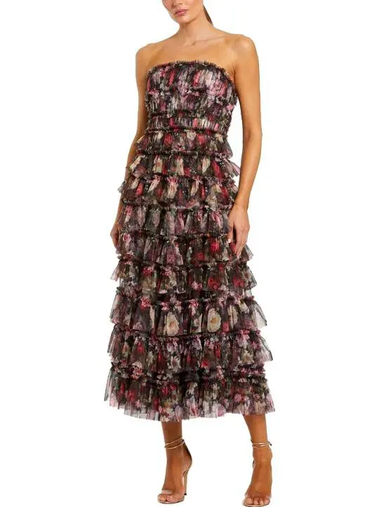 Mac Duggal Strapless Ruffle A-line Midi Dress - Black Multi