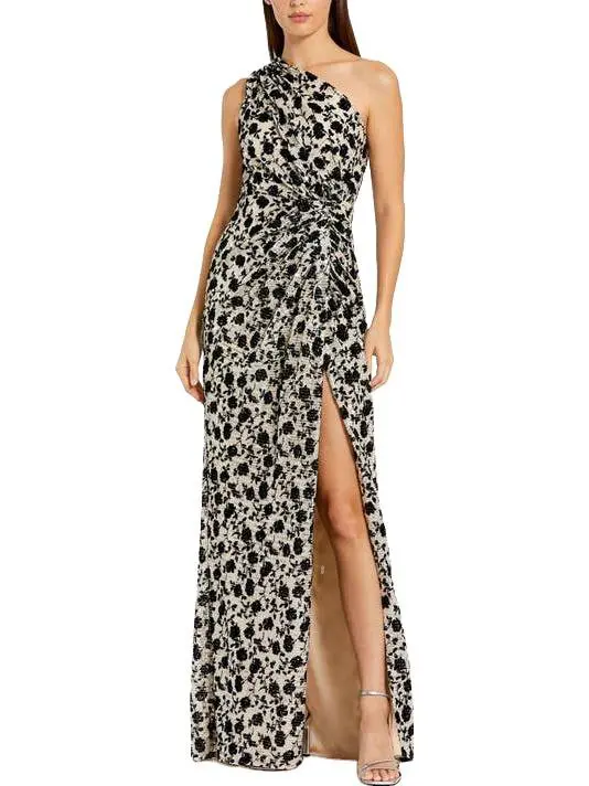 Mac Duggal One-shoulder Floral Velvet Sequin Gown - Champagne