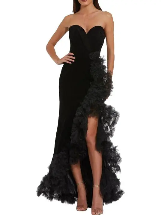 Mac Duggal Strapless Velvet Mermaid Gown With Ruffle Slit - Black