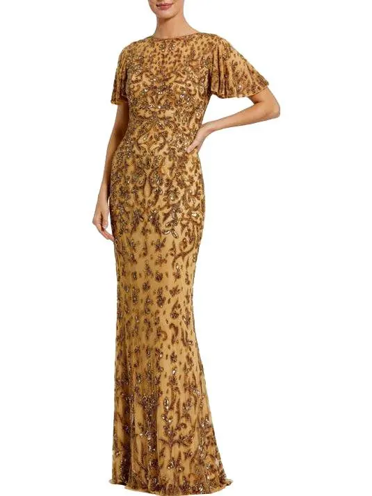 Mac Duggal Embellished High Neck Flutter Sleeve Gown - Nude Gold