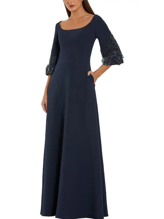 Mac Duggal Floral Embellished Sleeve Crepe Gown - Midnight
