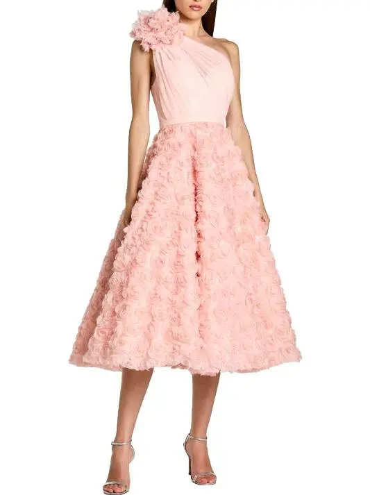 Mac Duggal Lace One-shoulder A-line Midi Dress - Blush
