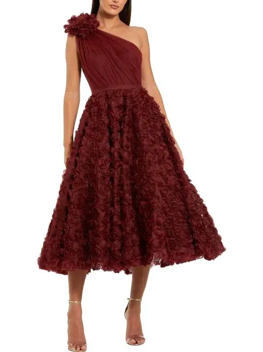Mac Duggal One-shoulder Rosette A-line Midi Dress - Wine
