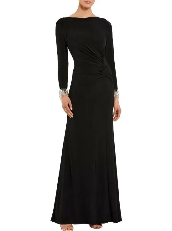 Mac Duggal Long Sleeve Jersey Gown With Beaded Cuffs - Black