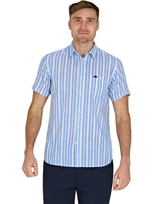 RAGING BULL Short Sleeve Cotton Linen Look Shirt - Mid Blue