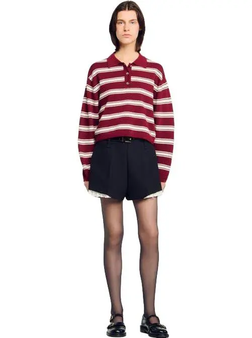 Sandro Wool Striped Polo Sweater - Bordeaux