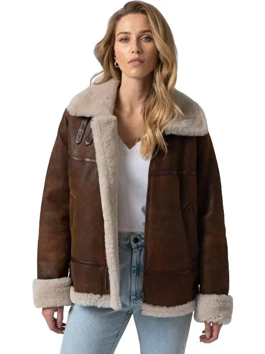 SAINT + SOFIA Amelia Aviator Shearling Jacket - Brown