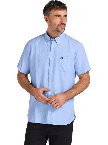 RAGING BULL Short Sleeve Linen Shirt - Sky Blue