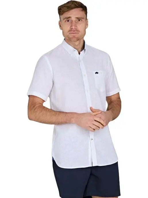 RAGING BULL Short Sleeve Linen Blend Shirt - White