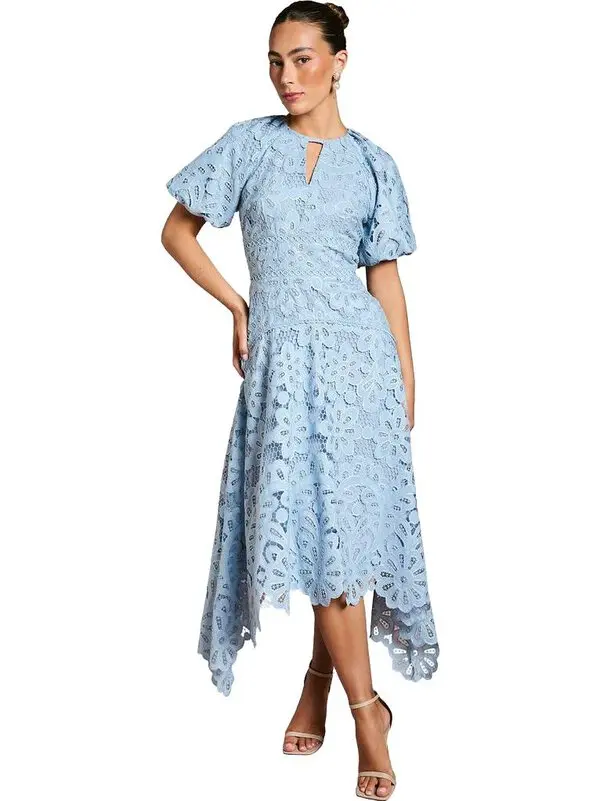 Coast Lace Hanky Hem Puff Sleeve Dress - Light Blue