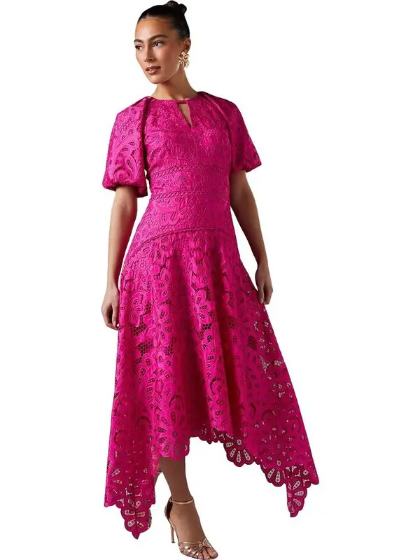Coast Lace Hanky Hem Puff Sleeve Dress - Pink